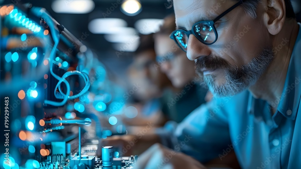 Male professor teaches students about computer motherboard components using interactive 3D model ...