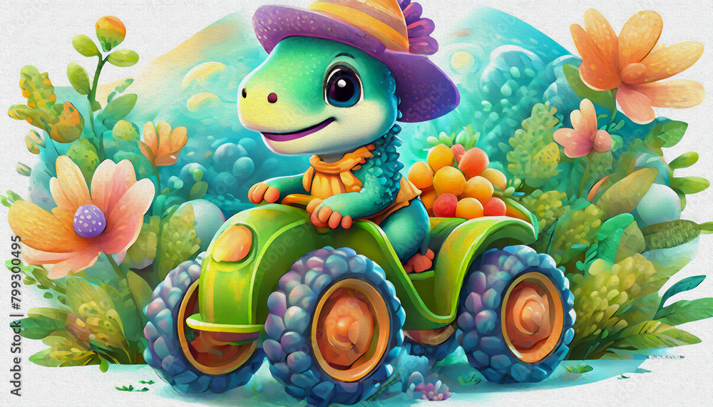 oil painting style CaRTOON CHARACTER CUTE baby dinosaur ride Stylish ...