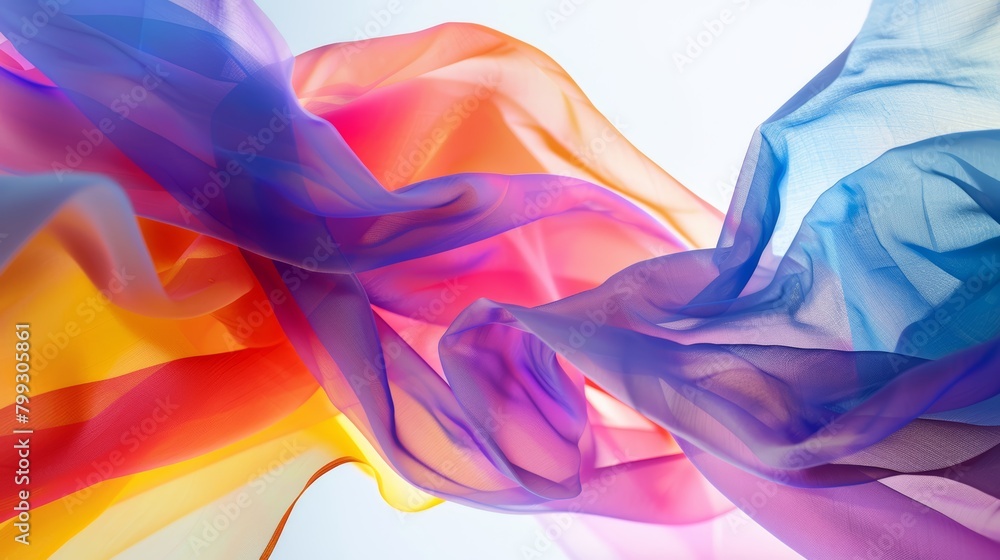 Vibrant fabric caught in a breeze, colors blending mid-air, captured in ...