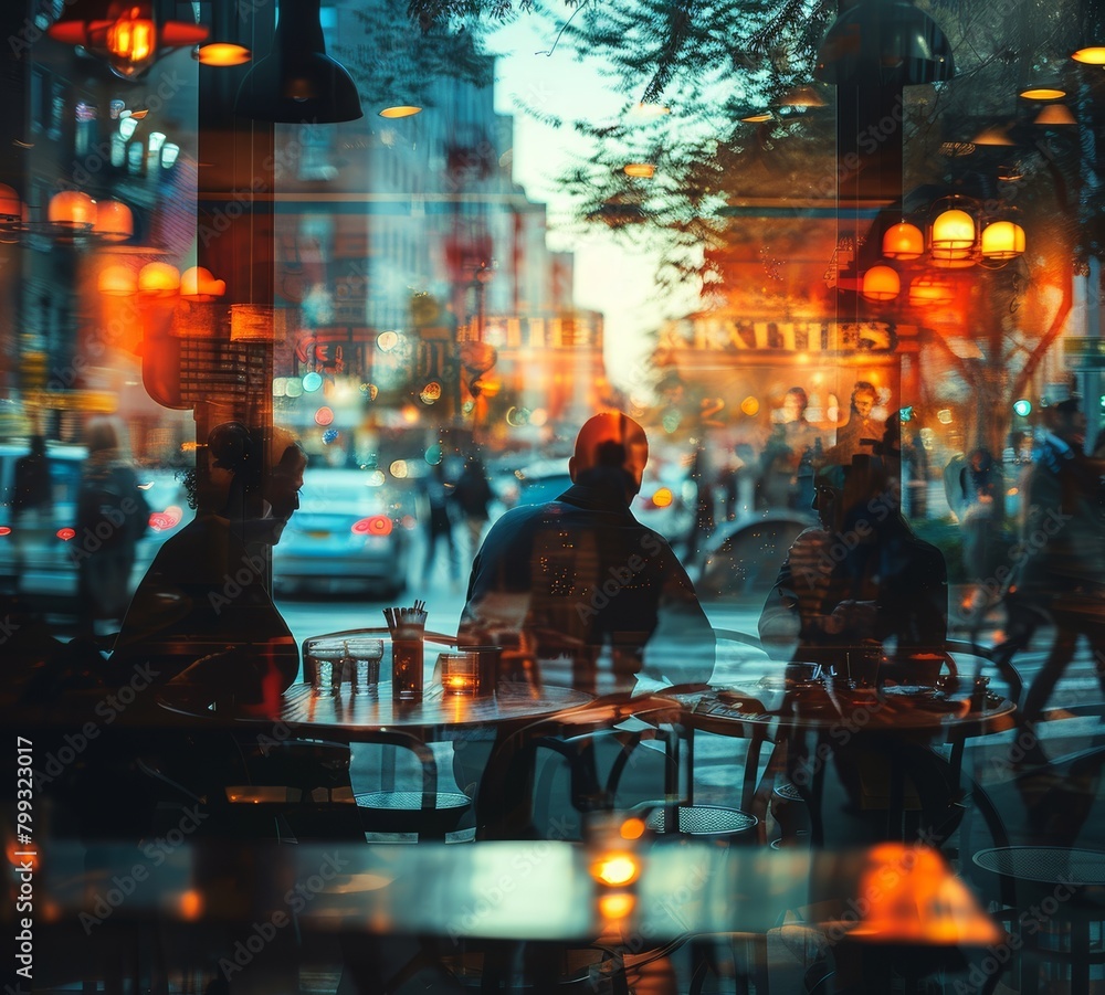 people sitting at terrasse of a restaurant and talking, we see them ...