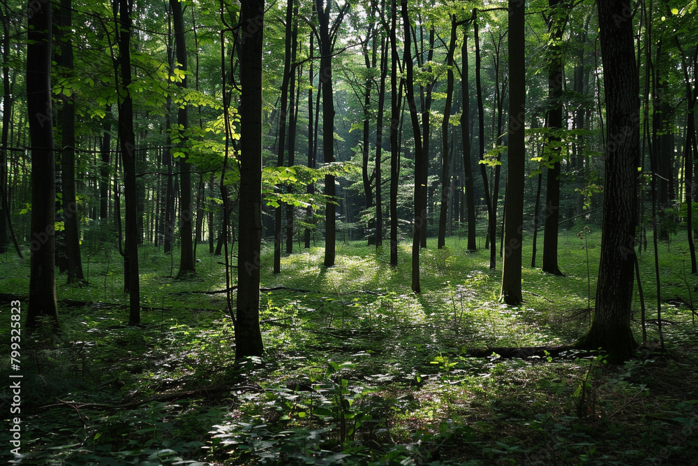 View of the forest with lofty trees in dim or melancholy light ...