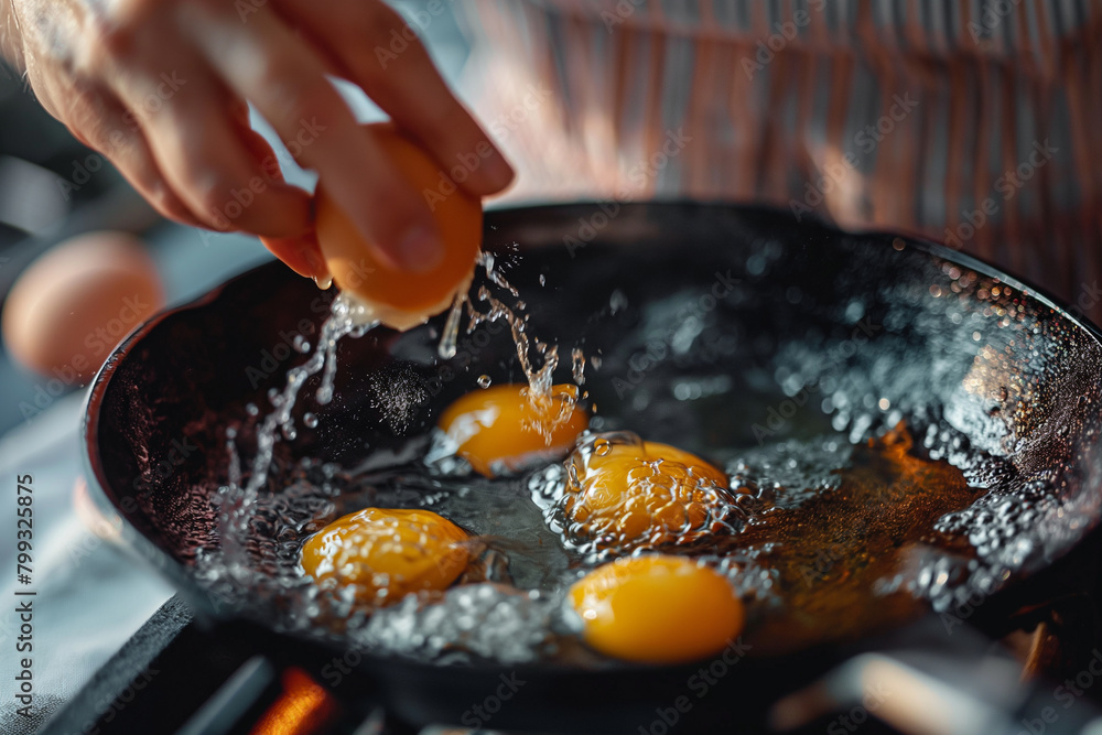 A close-up photo of a woman cracking eggs into a sizzling skillet ...