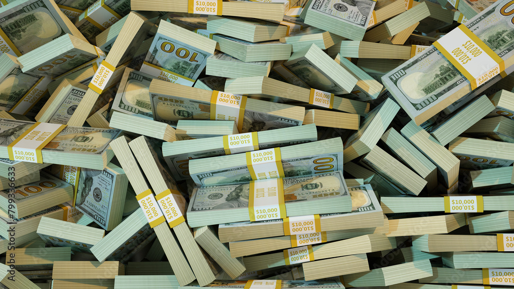 3D rendering of pile of stacks of 100 us dollar notes spread on screen ...