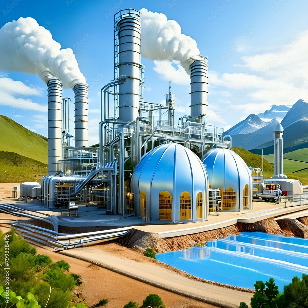 Geothermal Energy. A geothermal power plant near hot springs or geysers ...