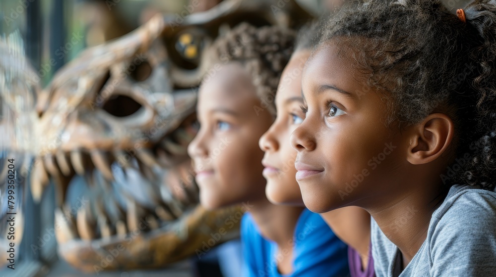 School class on a field trip, visiting a museum, students looking at ...