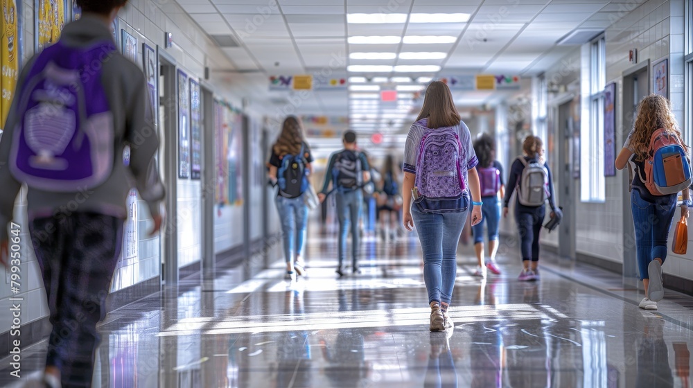 Artwork and educational posters line the school hallway, as students ...