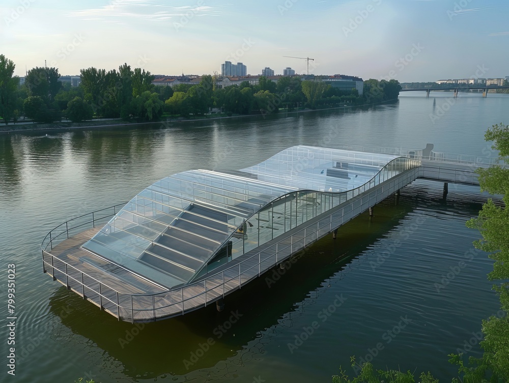 aerial view of a giant piano keyboard made of transparent glass ...