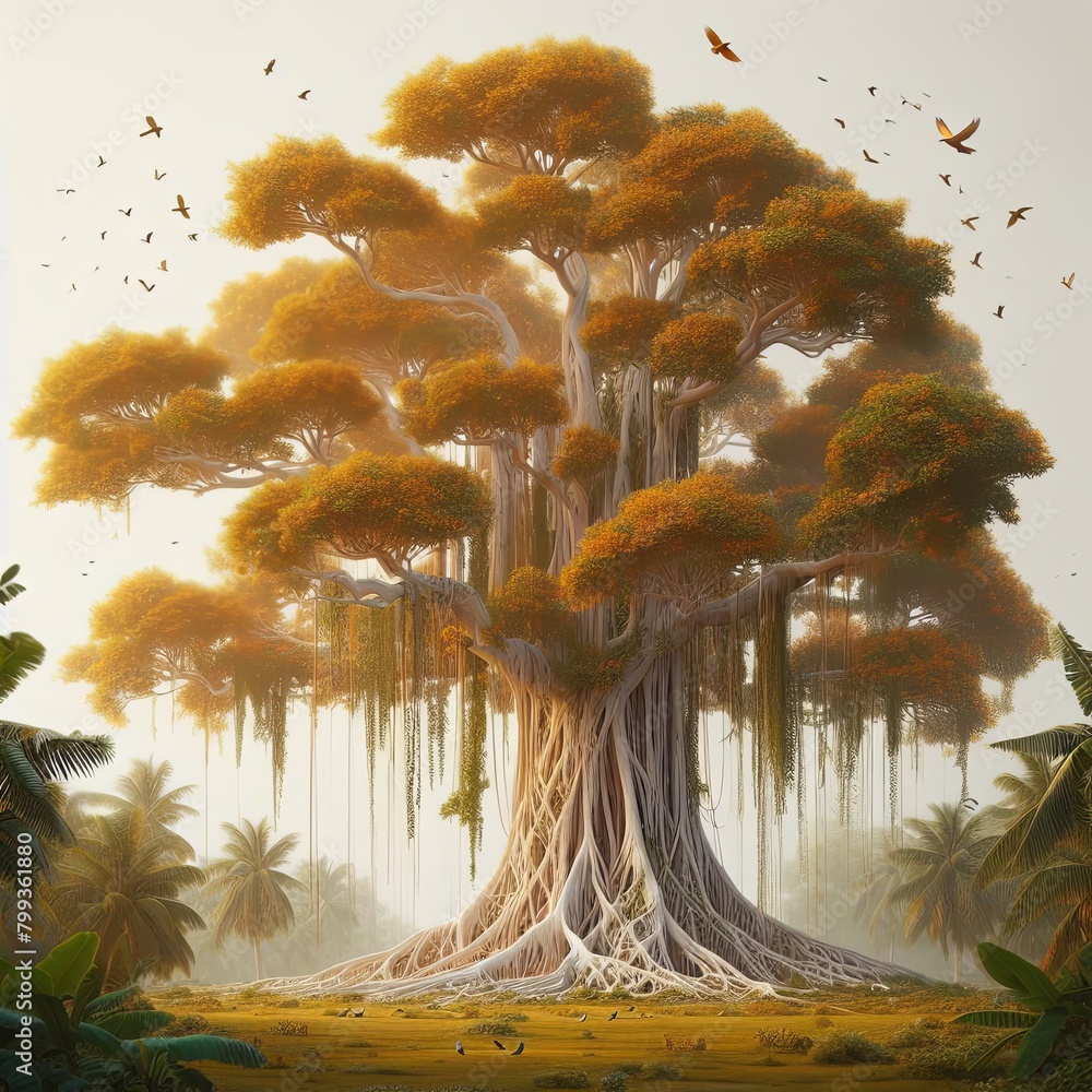 Beautiful big banyan tree, taller than other trees Stock Illustration ...