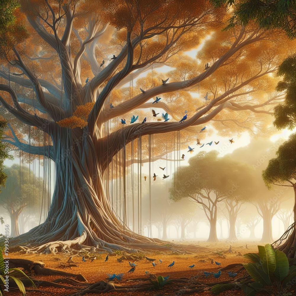 Beautiful big banyan tree, taller than other trees Stock Illustration ...