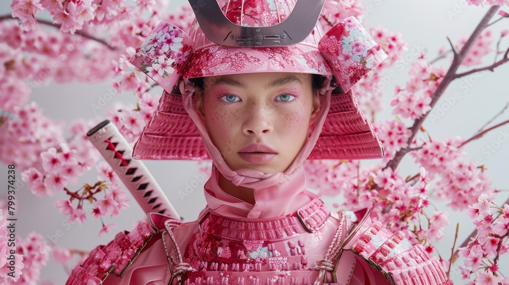 Portrait of a young woman in a pink samurai armor with cherry blossoms ...