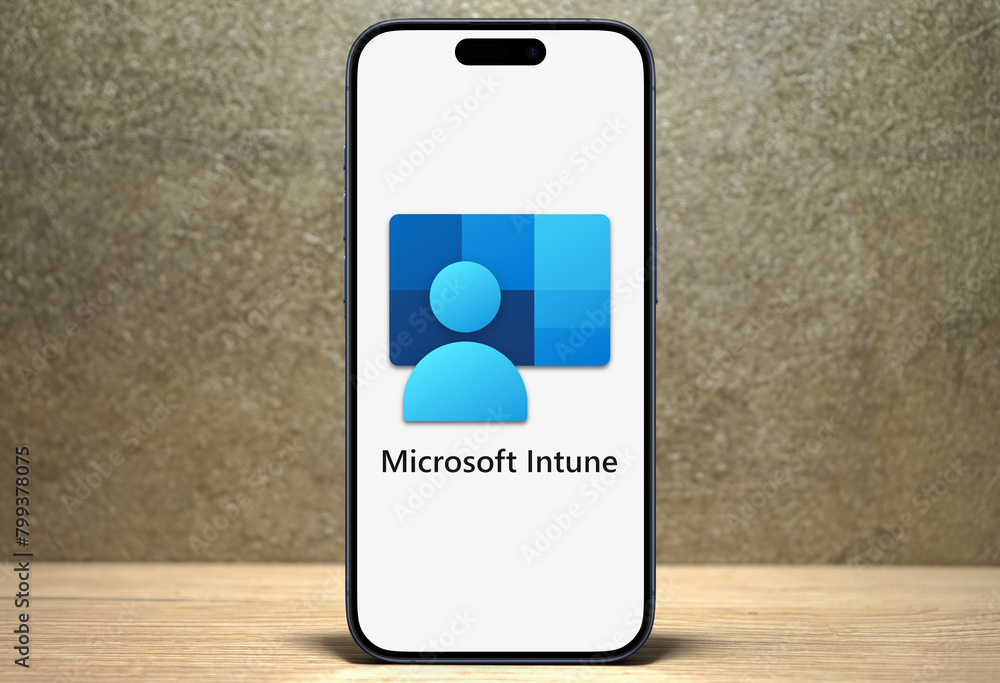 Microsoft Intune logo displayed on a modern smartphone standing on a ...