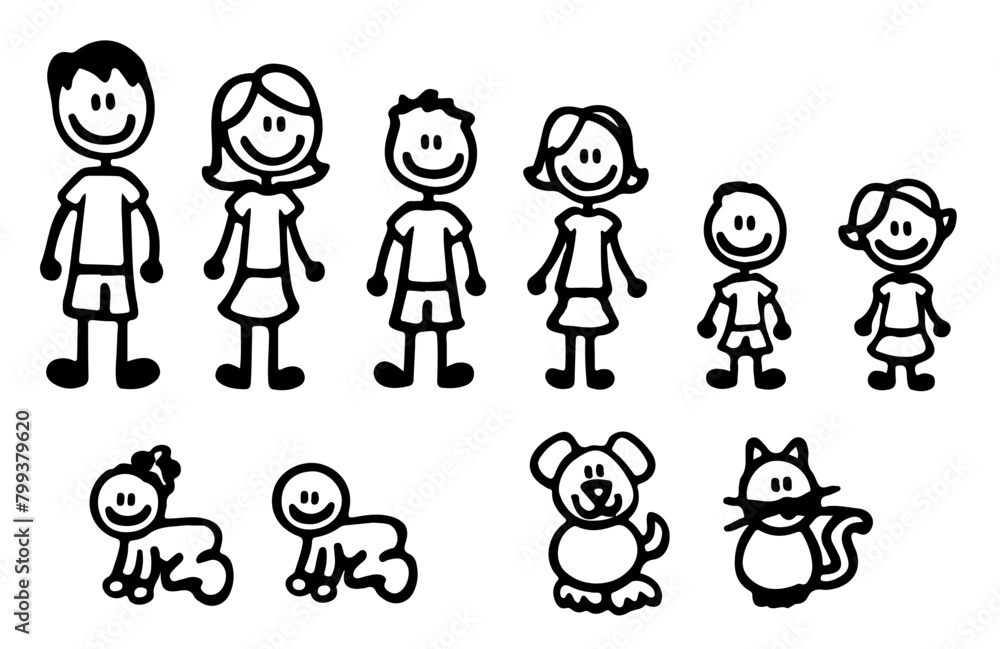 Set of happy cartoon doodle figure family, stick man. Stickman ...
