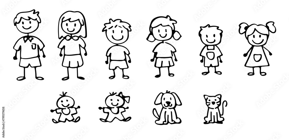 Set of happy cartoon doodle figure family, stick man. Stickman ...
