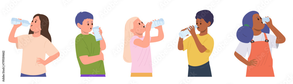 Little children isolated cartoon characters drinking water from plastic ...