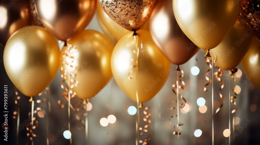 Gold and copper balloons with gold and copper streamers against a ...