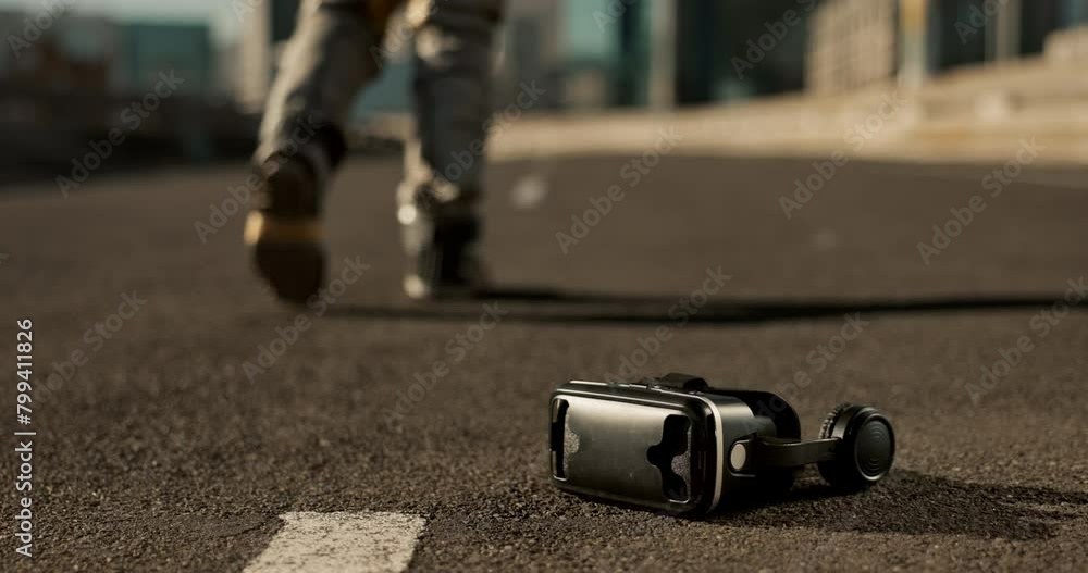 Astronaut, virtual reality and headset or explore city for real life ...