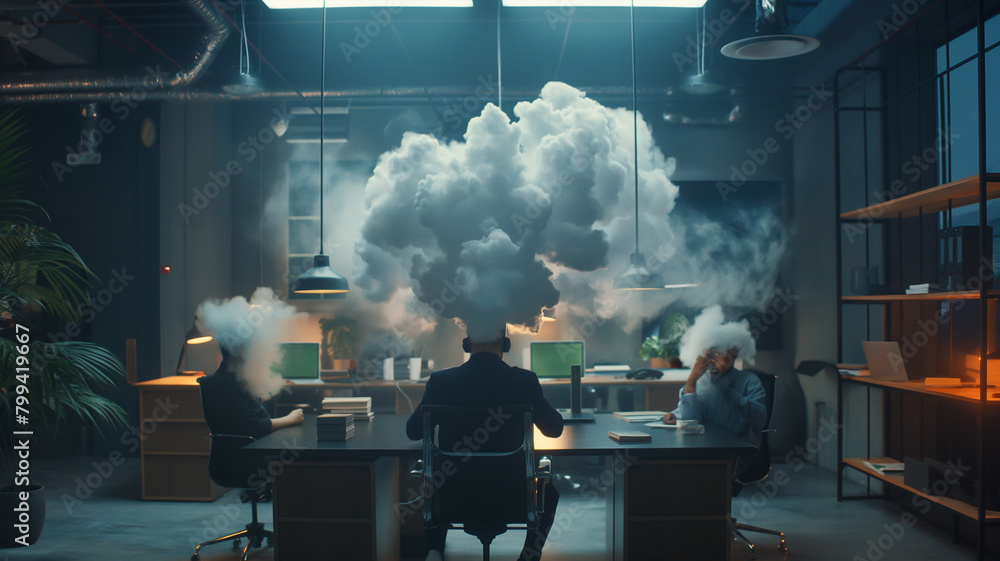 Office worker depicted with a haze around the head, illustrating the ...