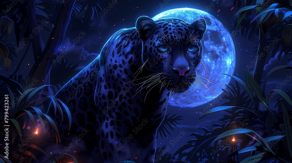 Enigmatic Black Panther in Moonlit Jungle - Lifelike 2D Illustration ...