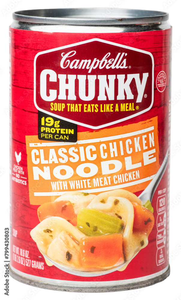 Tin can of Campbell’s chunky brand of classic chicken noodle made with ...