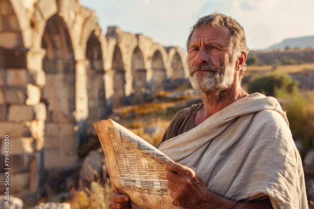 An elderly man contemplates a journey as he examines a map in front of ...