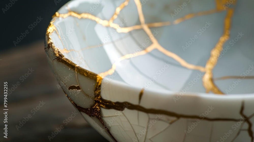 This image showcases a broken ceramic bowl elegantly repaired with the ...