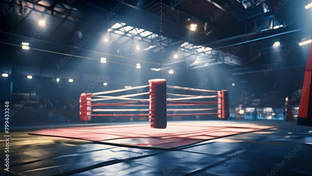 Professional boxing ring under spotlight. Empty boxing ring with a ...