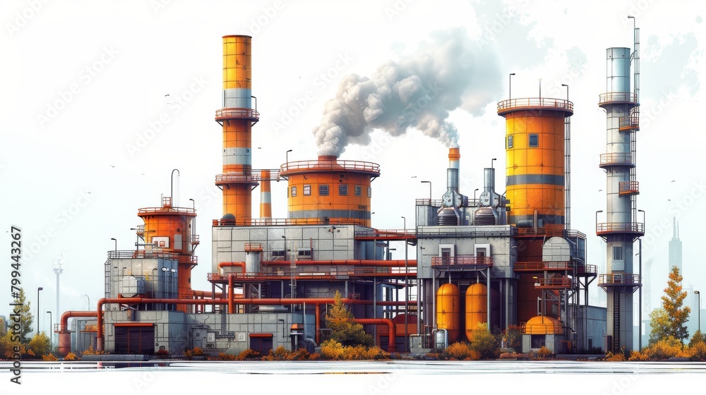 Isolated factory building with pipes emitting gas. Contemporary ...