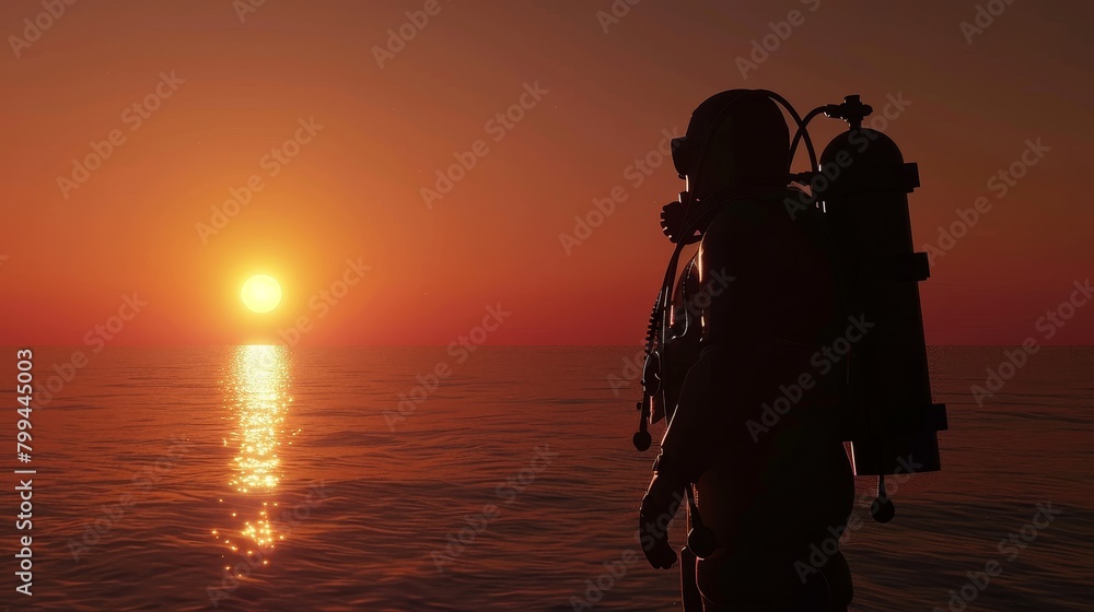 Sunrise Dive Silhouette of Diver Exploring Calm Ocean at Dawn Adventure ...