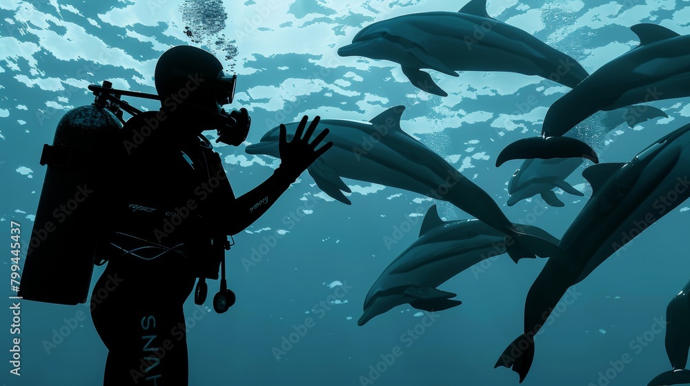 Ocean Harmony Diver Communicating with Dolphins in Silhouette ...