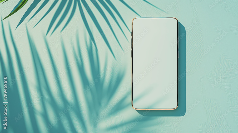 Smartphone with a blank screen lies on a bright turquoise background ...