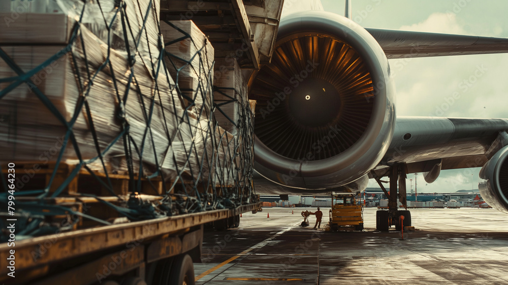 A close-up of a cargo plane's cargo hold being filled with pallets of ...