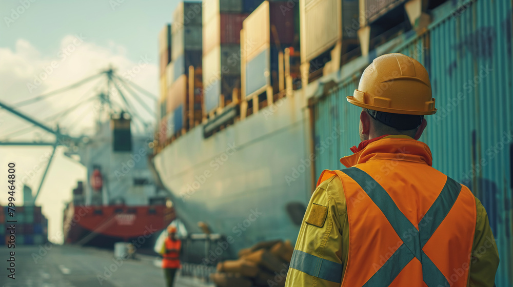 Close-up of a cargo port worker coordinating with dockworkers to position cargo containers on ...