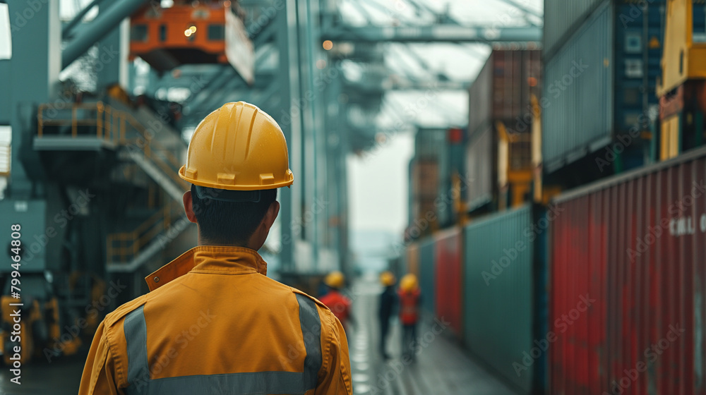 Close-up of a cargo port worker coordinating with dockworkers to ...