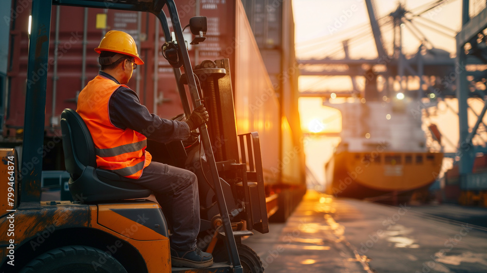 Close-up of a cargo port worker operating a forklift to load cargo ...