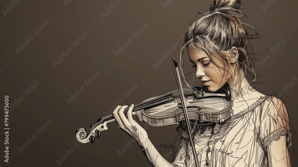 This continuous line drawing illustrates a young happy female violinist ...