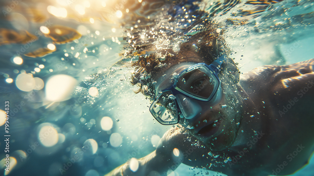 Underwater Close-up: Diver Submerged in the Ocean's Depths Captures a ...
