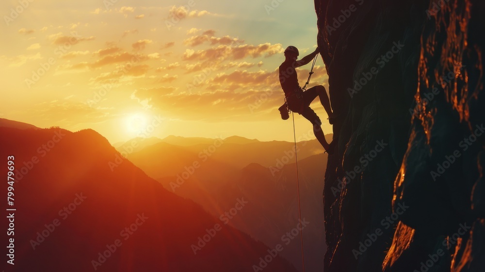 Silhouette of brave heroic man trying to climb with rope in mountain ...
