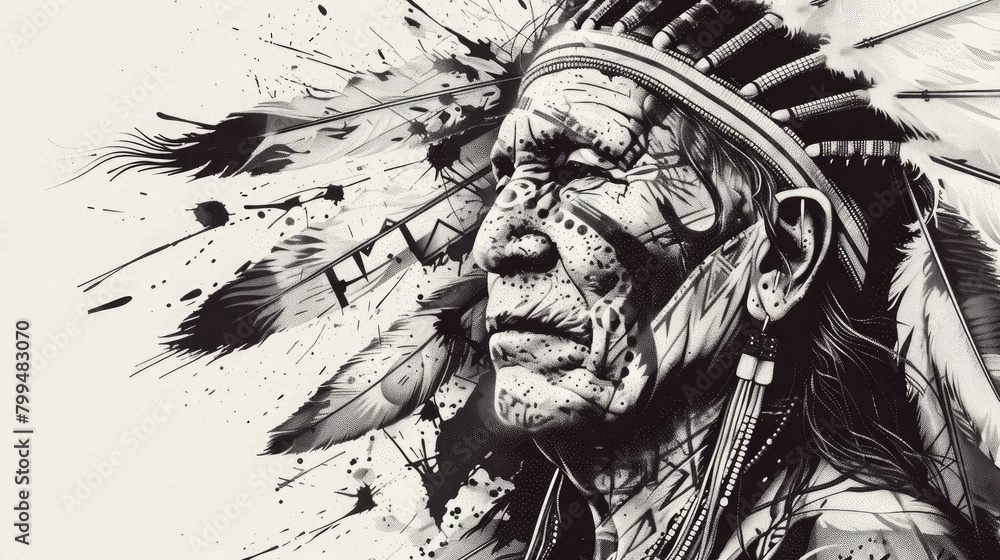 An iconic Native American chief in a black and white vector ...