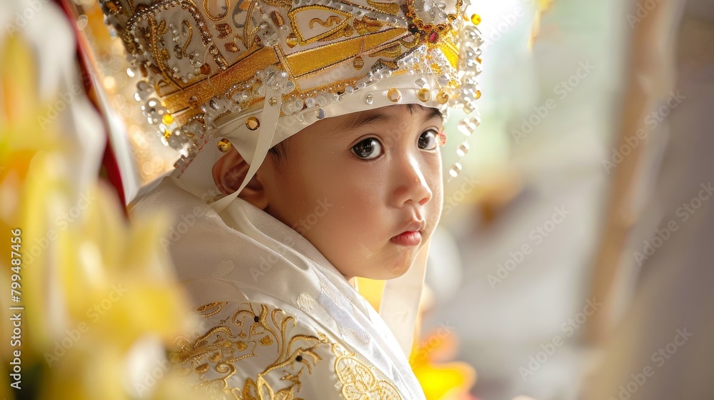 Young Asian child in ceremonial attire. Innocent gaze amidst a cultural ...