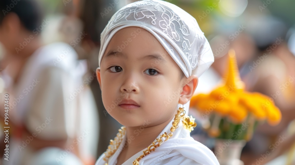 Novice monk robes on a young Thai child, symbolizing cultural heritage ...