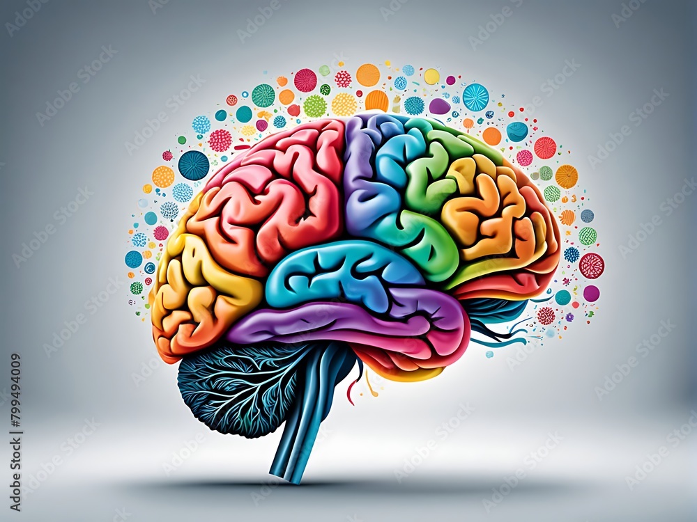 The concept of a human brain full of creativity shows multiple colours ...