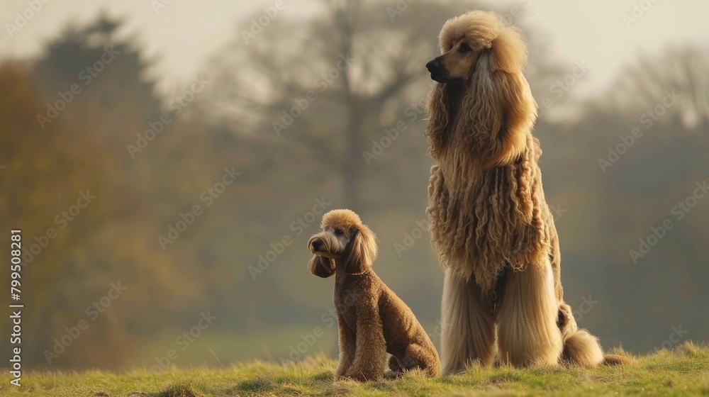 Image of an elegant standard poodle and smaller poodle against a ...