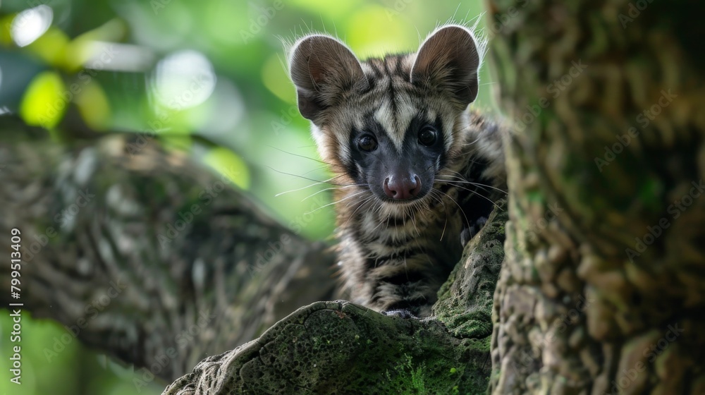 The adorable palm civet is captured peeking shyly from behind a tree ...