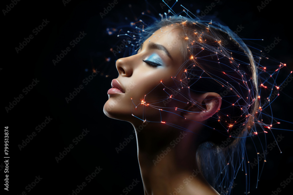 portrait of a woman with an overlay of a network of lines and nodes ...