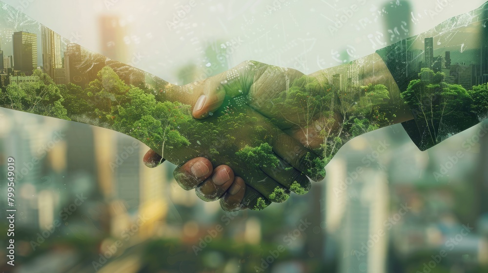 Sustainability in business, two partner are shaking hands in office ...