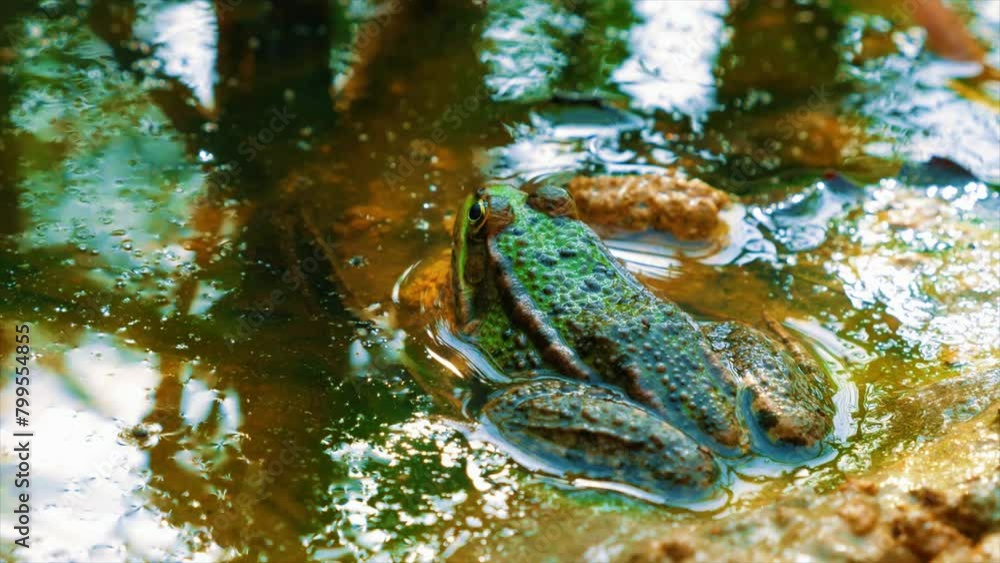 Vidéo Stock Frog crying. One European frog in water. Pelophylax ...