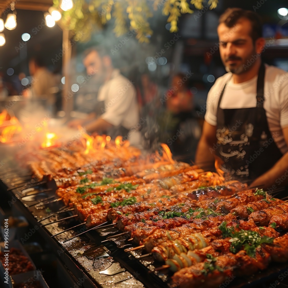 Chef grilling delicious barbeque kebabs on open grill, outdoor outlet ...