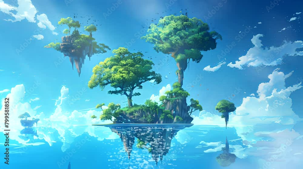 Floating islands with sky. Surreal concept, anime illustration style ...