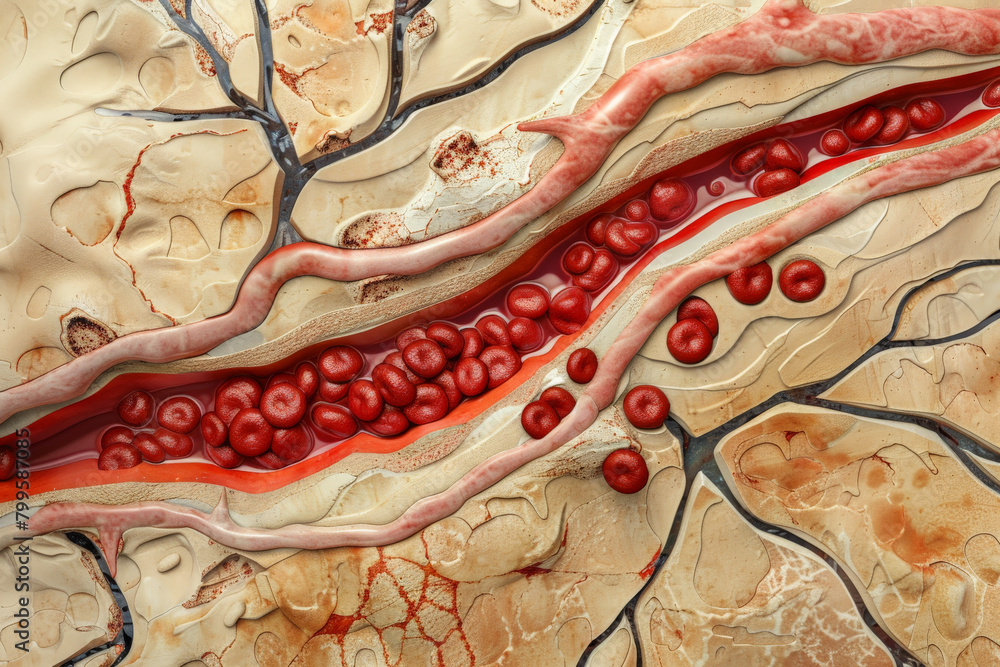 Illustrative cross-section of human blood vessels showing red blood ...