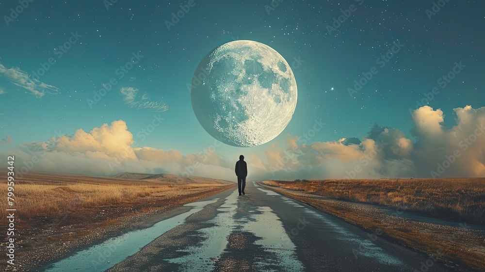 Person staring at a giant moon on road - A solitary figure stands on a ...